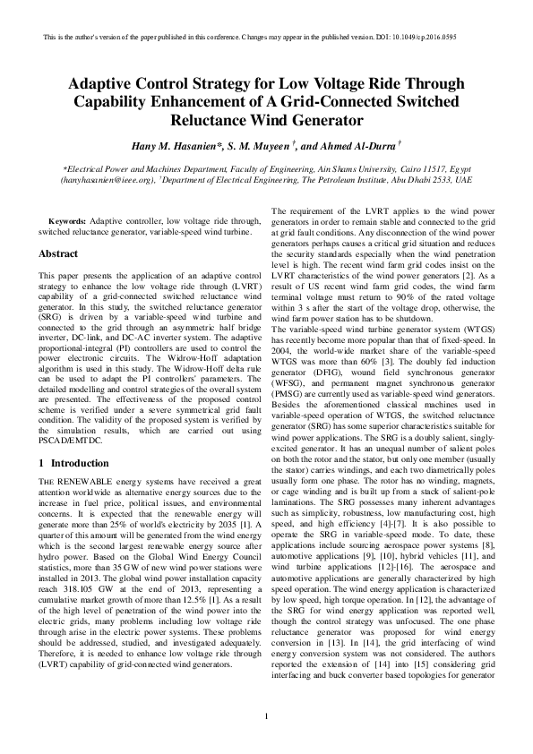 (PDF) Adaptive Control Strategy for Low Voltage Ride Through Capability Enhancement of A Grid ...