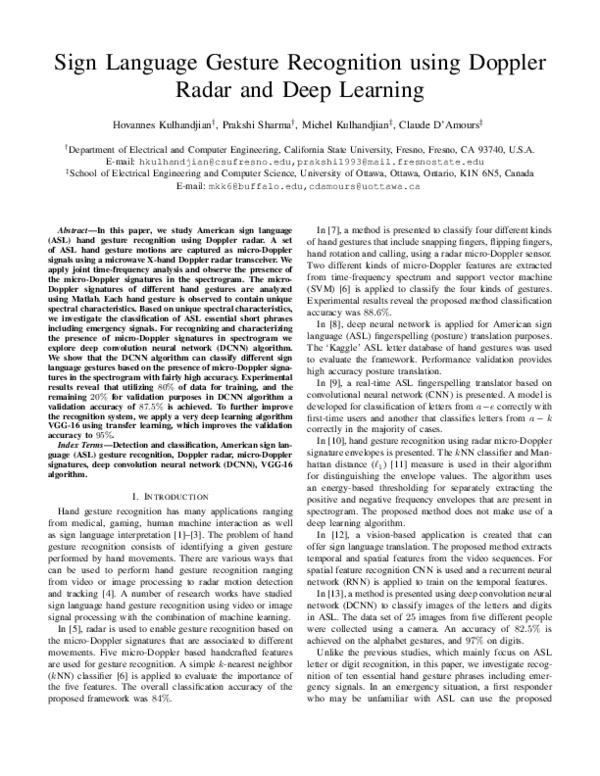 (PDF) Sign Language Gesture Recognition Using Doppler Radar and Deep ...