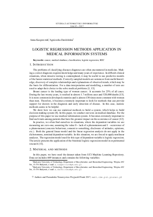 (PDF) Logistic regression methods application in medical information systems