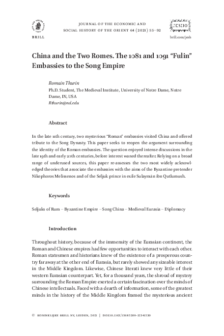 (PDF) China and the Two Romes. The 1081 and 1091 "Fulin" Embassies to ...