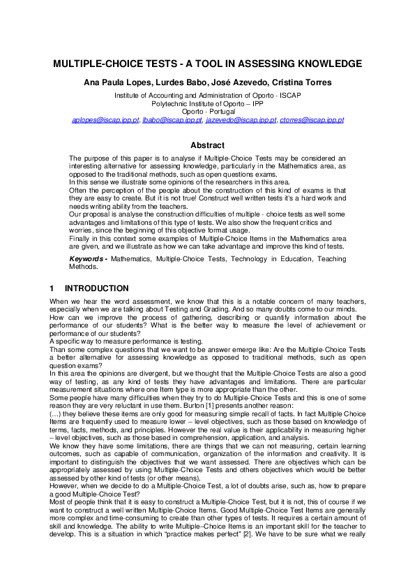 (PDF) Multiple-Choice Tests - a Tool in the Assessing Knowledge