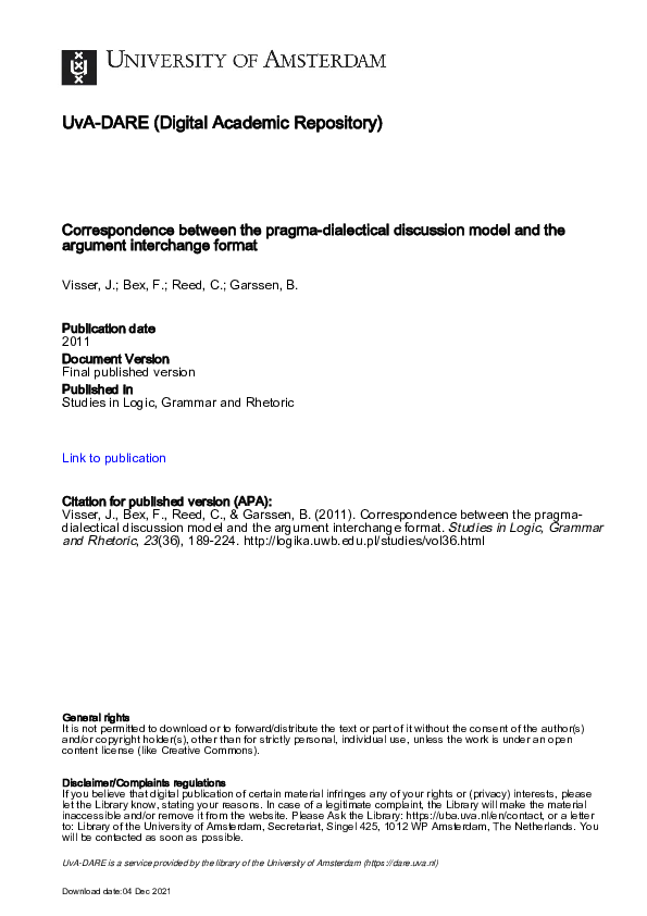 Pdf Correspondence Between The Pragma Dialectical Discussion Model And The Argument