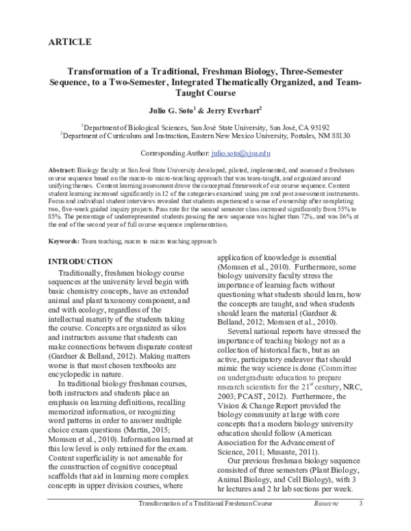 (PDF) Transformation of a Traditional, Freshman Biology, Three-Semester ...