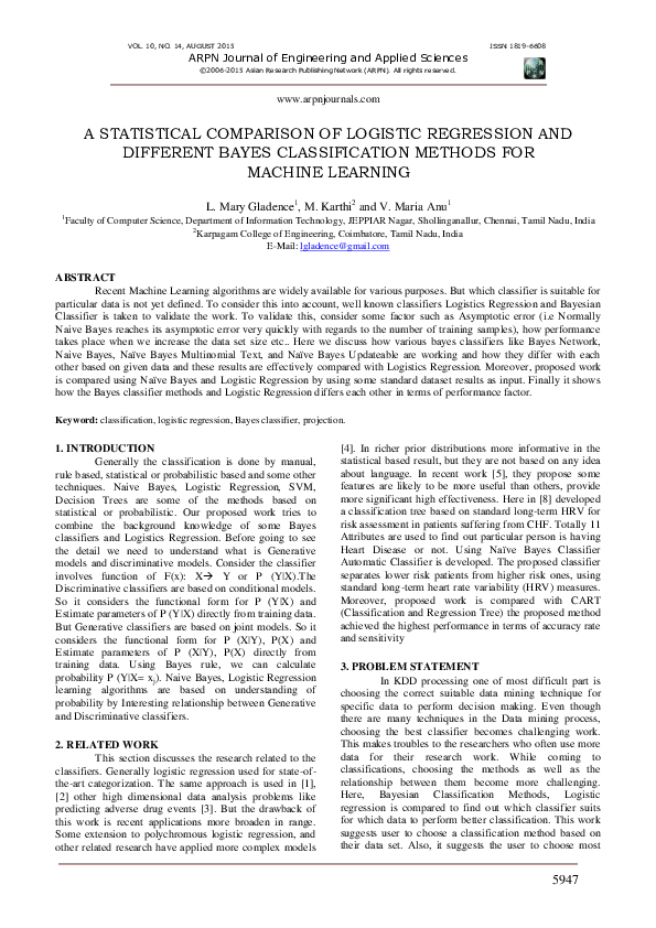 Pdf A Statistical Comparison Of Logistic Regression And Different Bayes Classification Methods