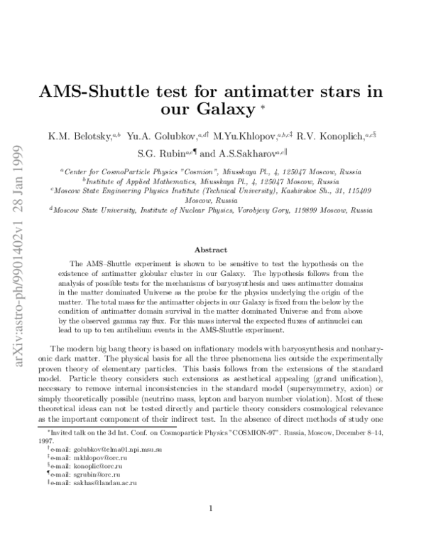 (PDF) AMS-Shuttle test for antimatter stars in our Galaxy ∗
