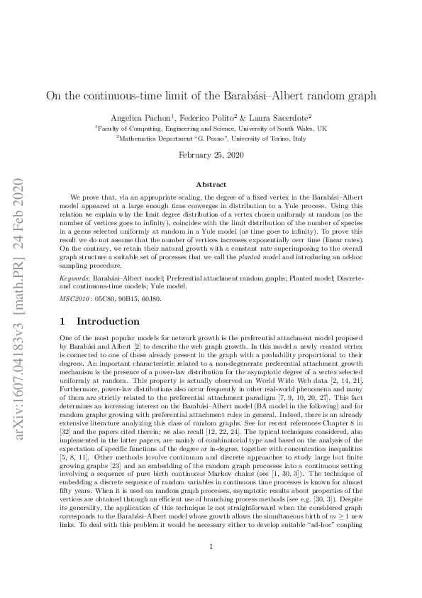 (PDF) On the continuous-time limit of the Barabási–Albert random graph