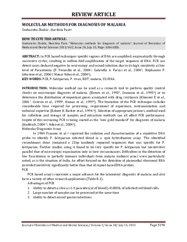 (PDF) Molecular Methods for Diagnosis of Malaria