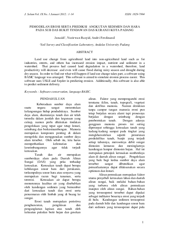 (PDF) Pemodelan Erosi Serta Prediksi Angkutan Sedimen Dan Hara Pada Sub ...