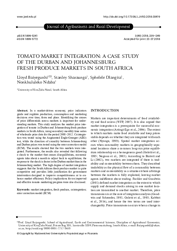 (PDF) Tomato Market Integration: A Case Study of the Durban and ...