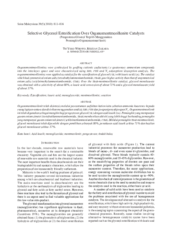 (PDF) Selective Glycerol Esterification Over Organomontmorillonite ...