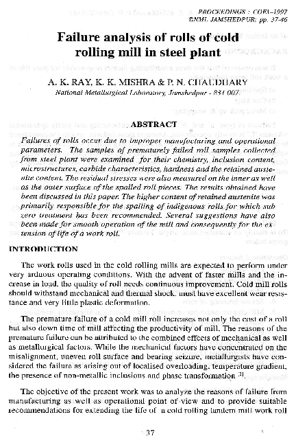 (PDF) Failure analysis of rolls of cold rolling mill in steel plant