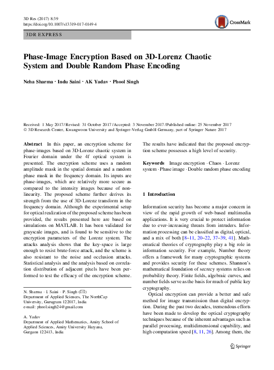 Pdf Phase Image Encryption Based On 3d Lorenz Chaotic System And Double Random Phase Encoding