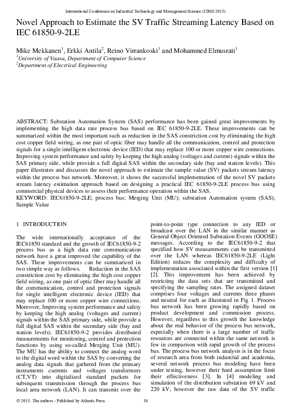 (PDF) Novel Approach to Estimate the SV Traffic Streaming Latency Based on IEC 61850-9-2LE