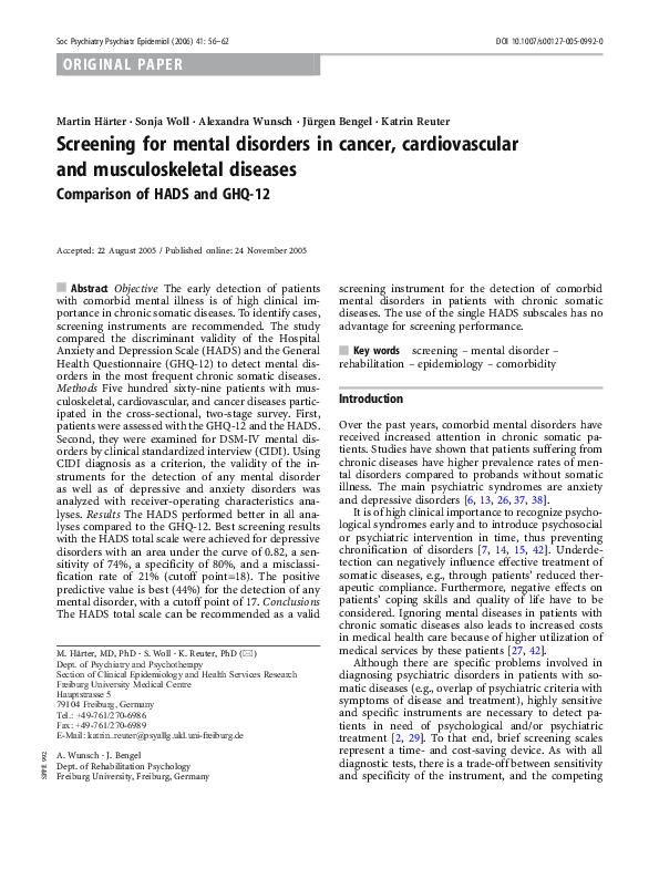 (PDF) Screening for mental disorders in cancer, cardiovascular and ...