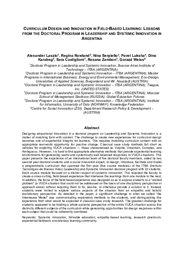 (PDF) Curriculum Design and Innovation in Field-Based Learning: Lessons ...