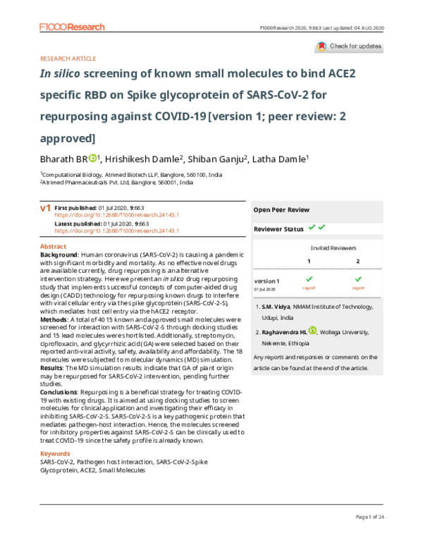(PDF) In silico screening of known small molecules to bind ACE2 ...