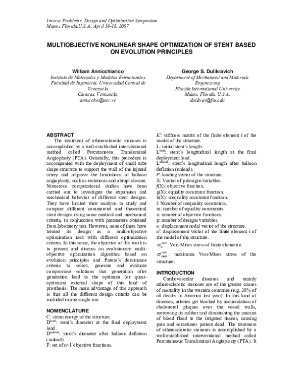 (PDF) Multiobjective Nonlinear Shape Optimization of Stent Based on Evolution Principles