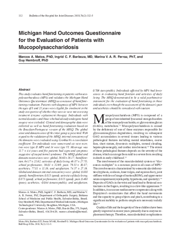 (PDF) Michigan Hand Outcomes Questionnaire for the Evaluation of Patients with Mucopolysaccharidosis