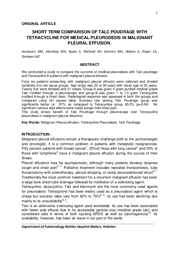(PDF) Short Term Comparison of Talc Poudrage with Tetracycline for ...