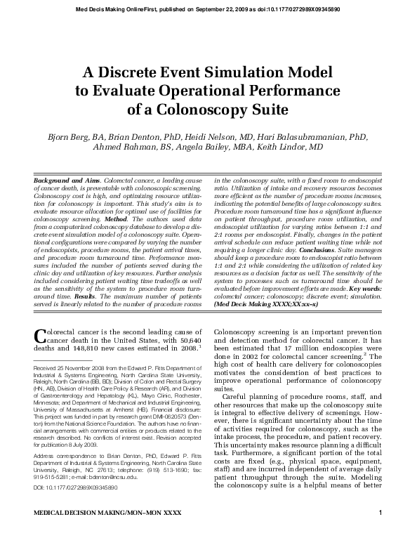 (PDF) A Discrete Event Simulation Model to Evaluate Operational Performance of a Colonoscopy Suite