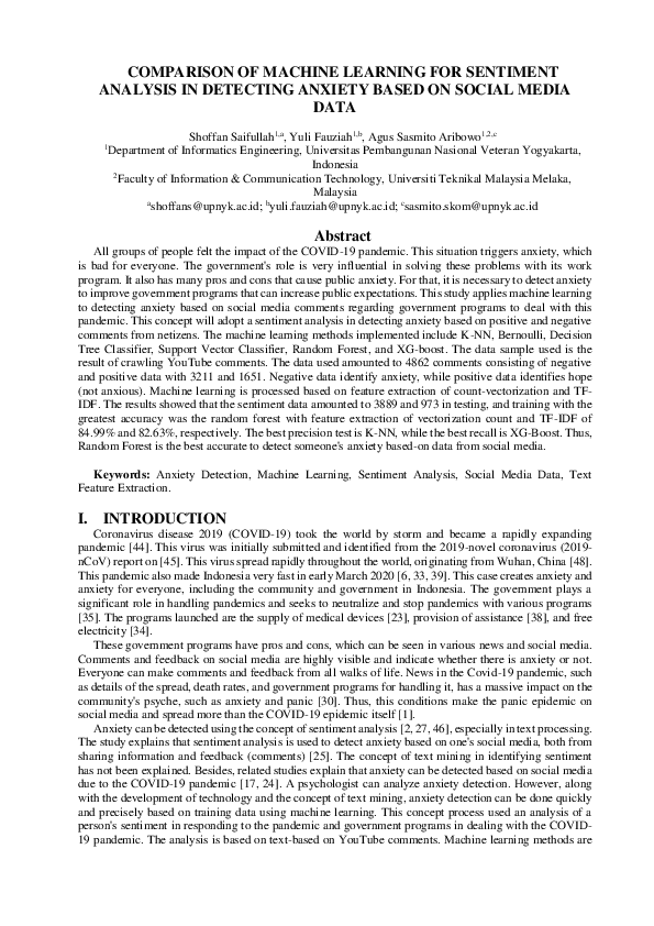 Pdf Comparison Of Machine Learning For Sentiment Analysis In Detecting Anxiety Based On Social