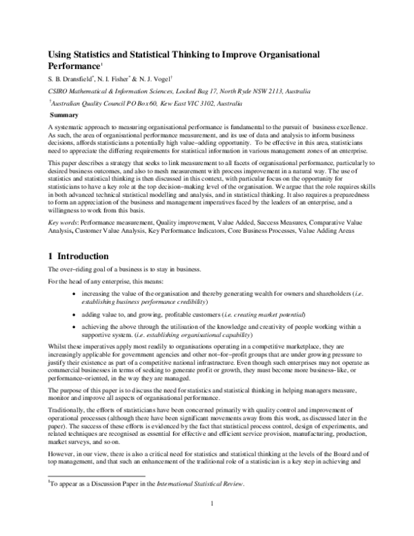 (PDF) Using Statistics and Statistical Thinking to Improve Organisational Performance