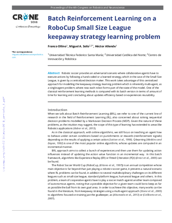 (PDF) Batch Reinforcement Learning on a RoboCup SSL Keepaway Strategy Learning Problem