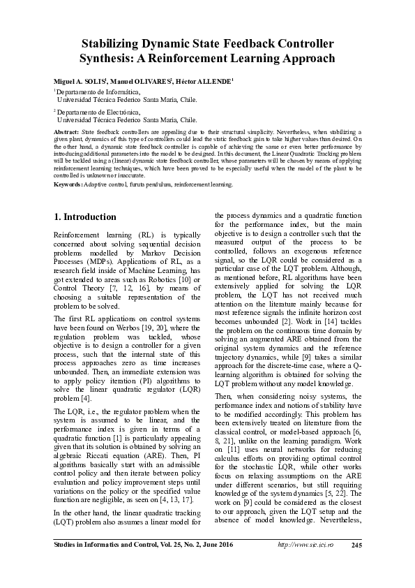 (PDF) Stabilizing Dynamic State Feedback Controller Synthesis: A Reinforcement Learning Approach