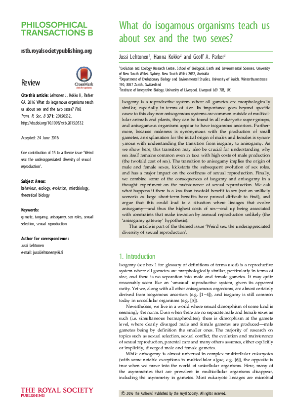 (PDF) What do isogamous organisms teach us about sex and the two sexes?