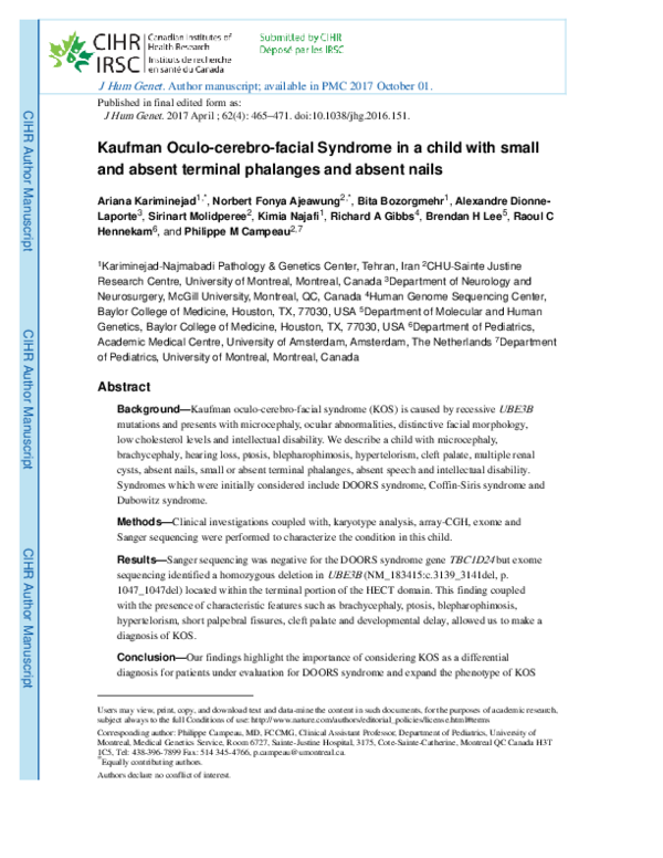 (PDF) Kaufman oculo-cerebro-facial syndrome in a child with small and ...