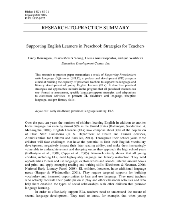 (PDF) Supporting English Learners in Preschool: Strategies for Teachers