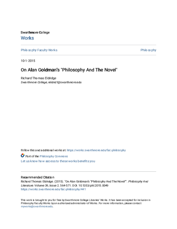 (PDF) On Alan Goldman’s Philosophy and the Novel