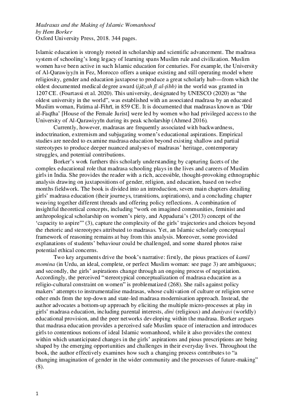 (PDF) Madrasas and the Making of Islamic Womanhood (by Hem Borker)