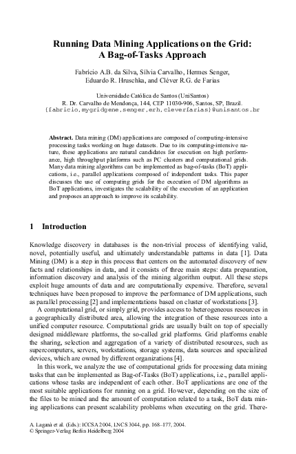 Pdf Running Data Mining Applications On The Grid A Bag Of Tasks Approach Clever Ricardo