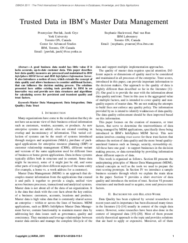 (PDF) Trusted Data in IBM's Master Data Management