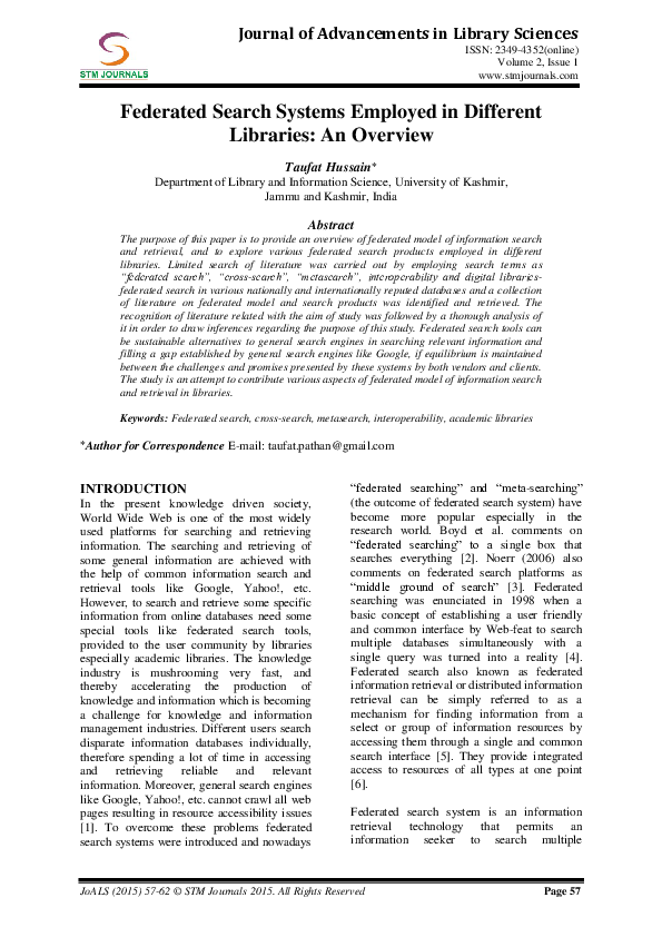 (PDF) Federated Search Systems Employed in Different Libraries: An Overview