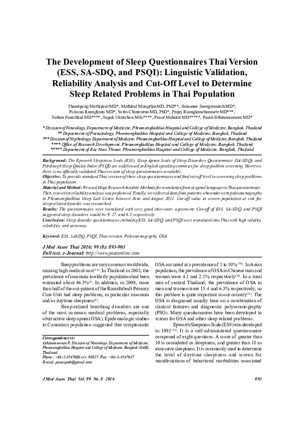 (PDF) The Development of Sleep Questionnaires Thai Version (ESS, SA-SDQ ...