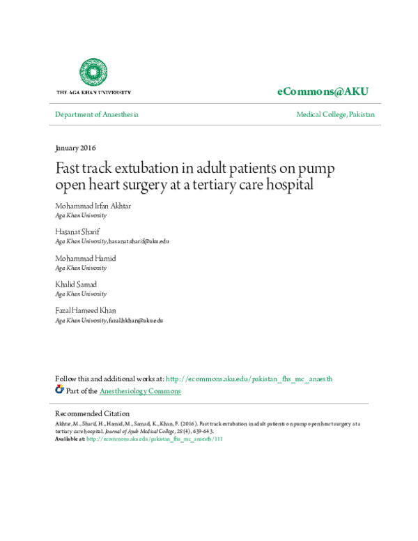 (PDF) Fast Track Extubation In Adult Patients On Pump Open Heart ...