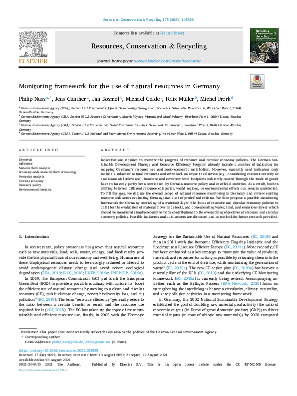 (PDF) Monitoring framework for the use of natural resources in Germany