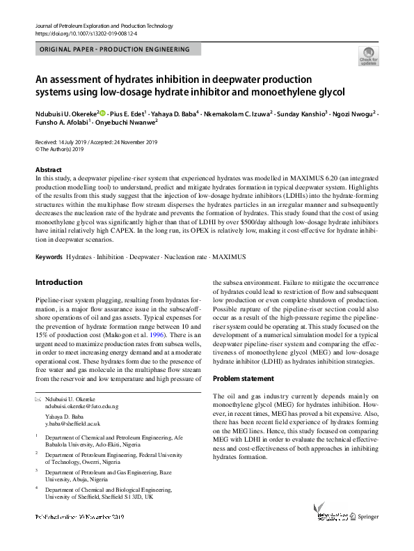 (PDF) An assessment of hydrates inhibition in deepwater production ...