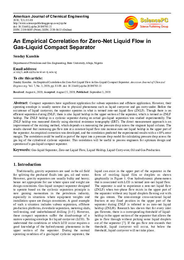 (PDF) An Empirical Correlation for Zero-Net Liquid Flow in Gas-Liquid Compact Separator