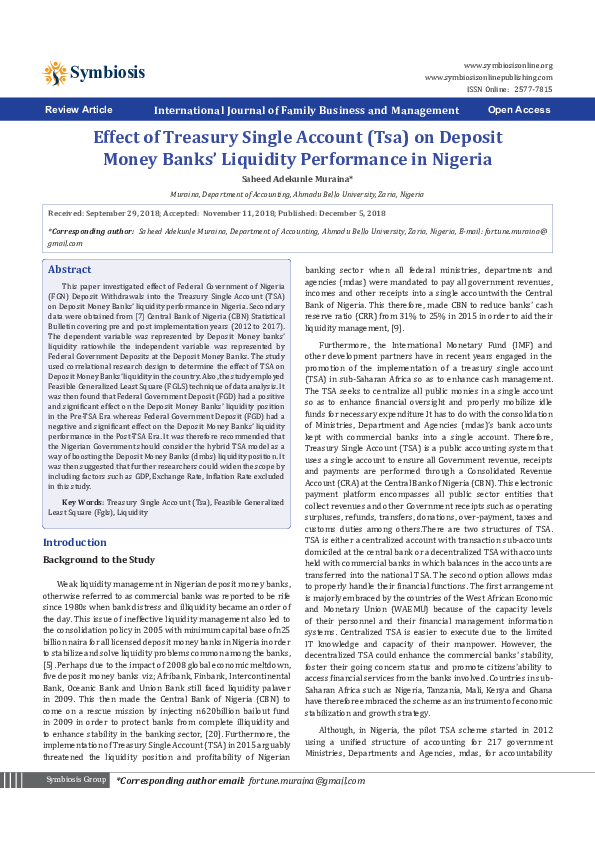 (PDF) Effect of Treasury Single Account (Tsa) on Deposit Money Banks ...