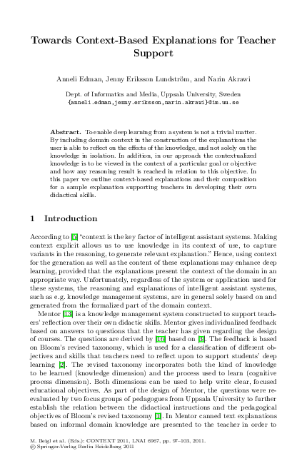 (PDF) Towards Context-Based Explanations for Teacher Support