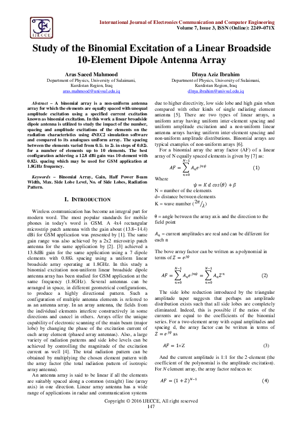 (PDF) Study of the Binomial Excitation of a Linear Broadside 10-Element Dipole Antenna Array