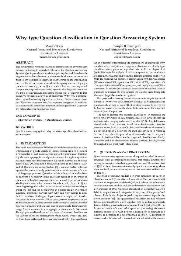 (PDF) Why-type Question Classification in Question Answering System