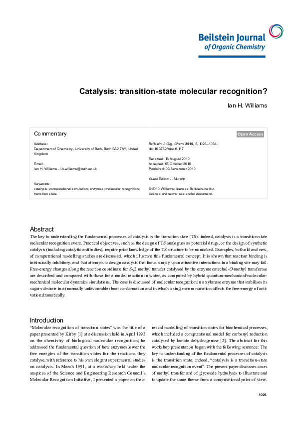 (PDF) Catalysis: transition-state molecular recognition? | Ian Williams ...