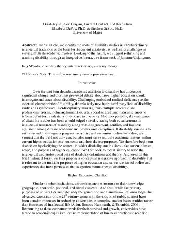 (PDF) Disability Studies: Origins, Current Conflict, and Resolution