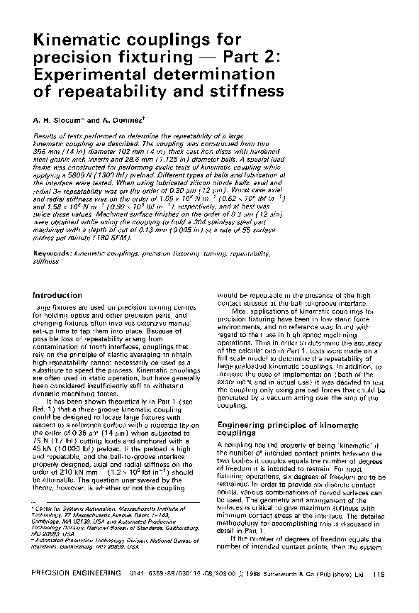 (PDF) Kinematic couplings for precision fixturing--Part 2: Experimental determination of ...