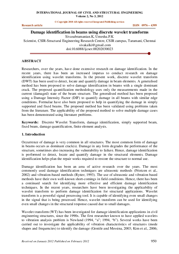 (PDF) Damage identification in beams using discrete wavelet transforms
