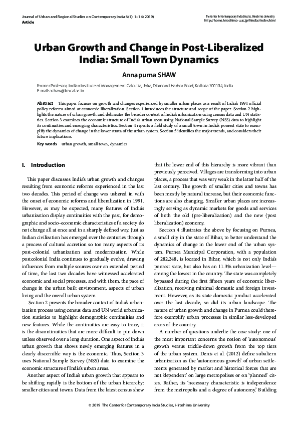 (PDF) Urban Growth and Change in Post-Liberalized India: Small Town ...